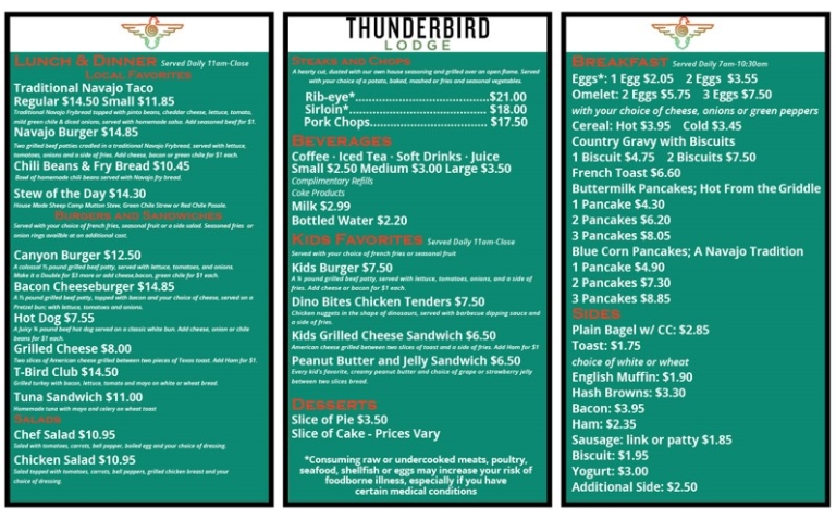 Thunderbird Cafe Menu - Thunderbird Lodge